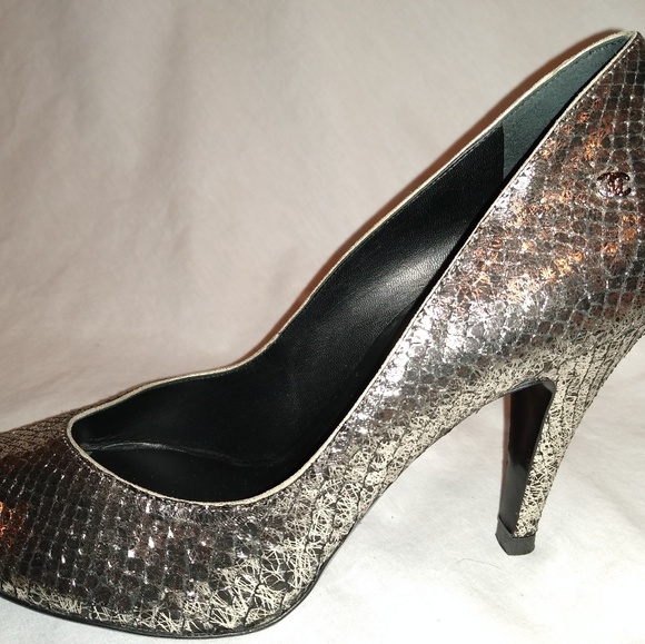 CHANEL | Shoes | Chanel Silver Python Peep Toe Heels | Poshmark